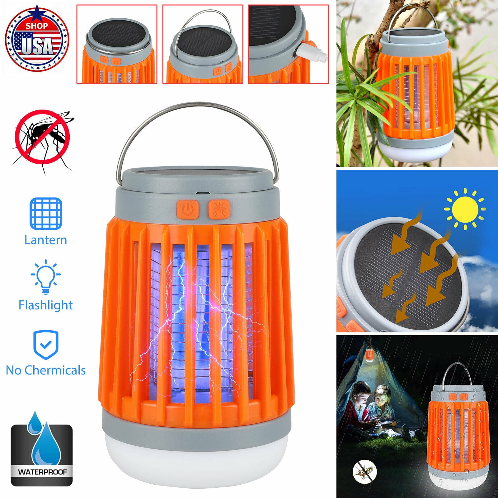 Solar Bug Zapper LED Camping Lantern, Portable Waterproof Mosquito ...
