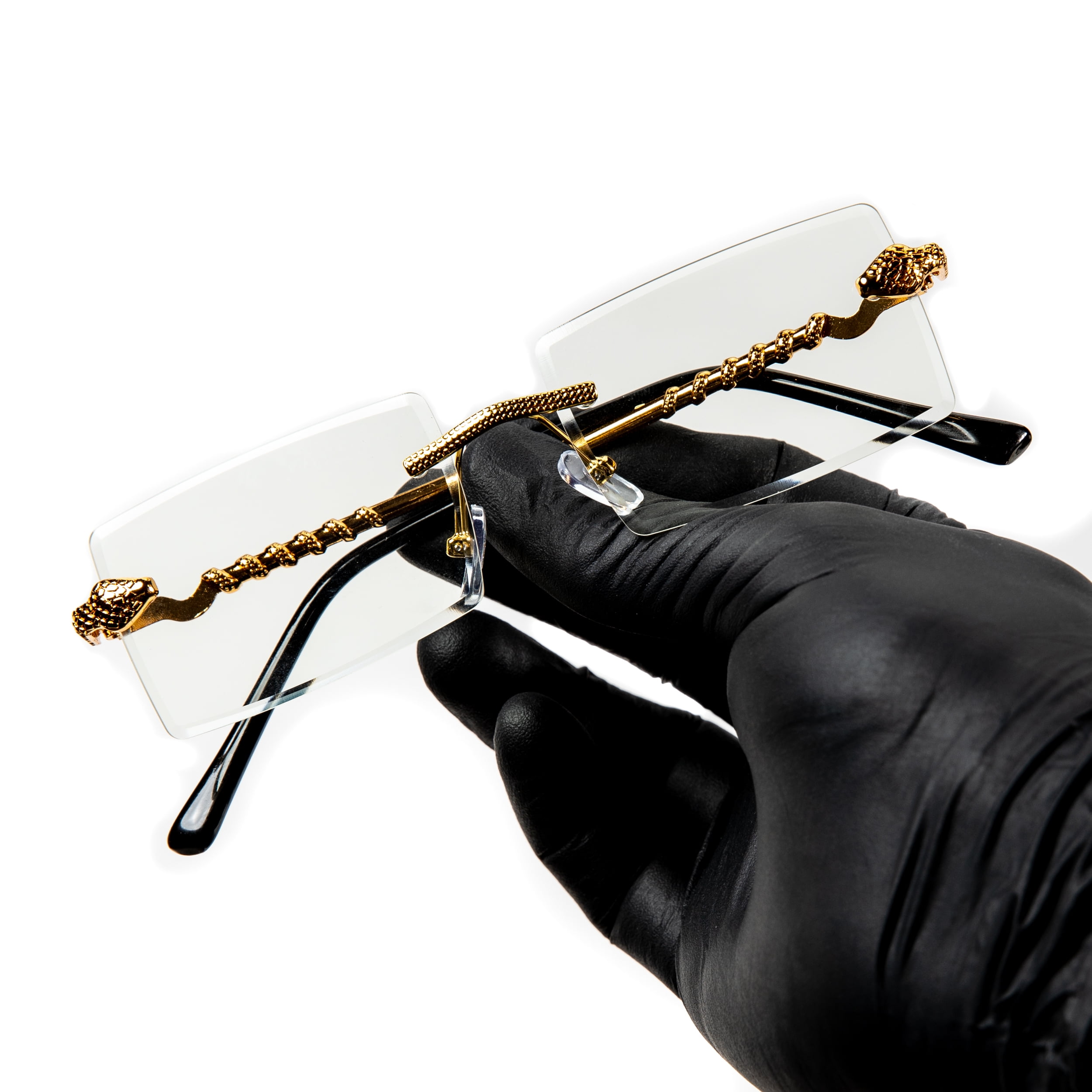 Men’s Gold Frame King Snake Rectangular Rimless Clear Lens Hip Hop Glasses